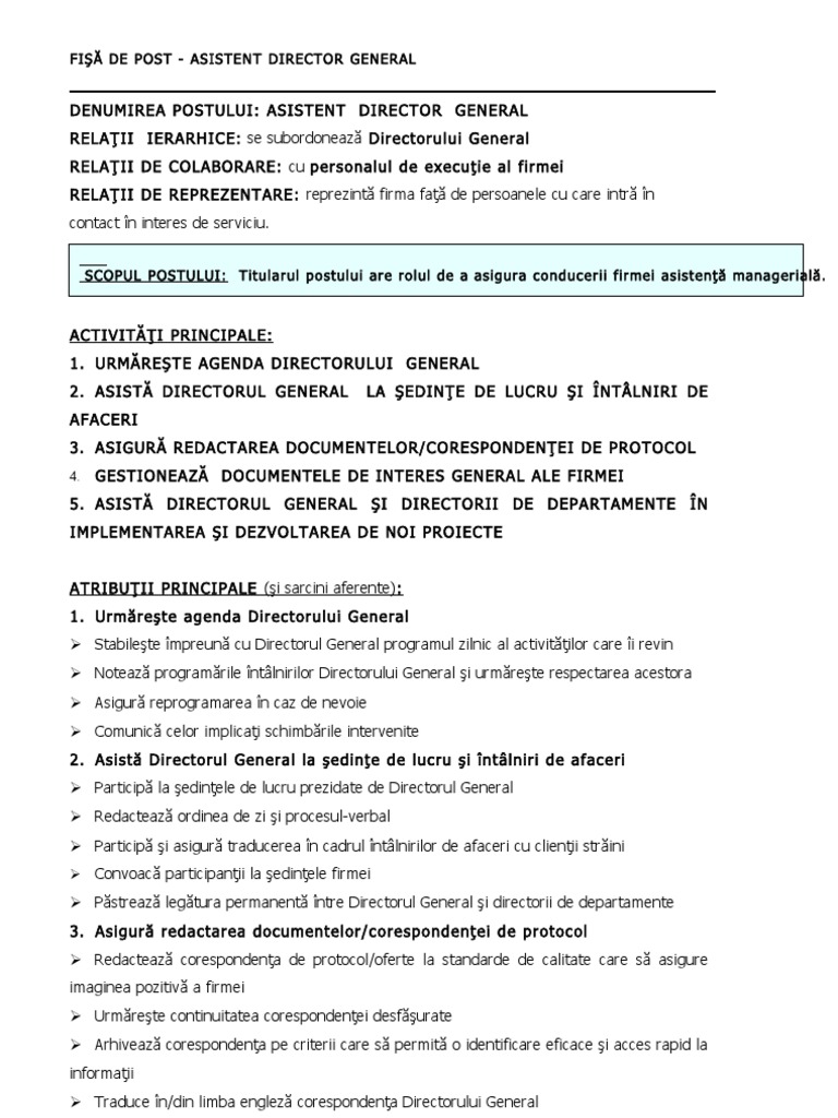 Fisa de Post Asistent Director General | PDF