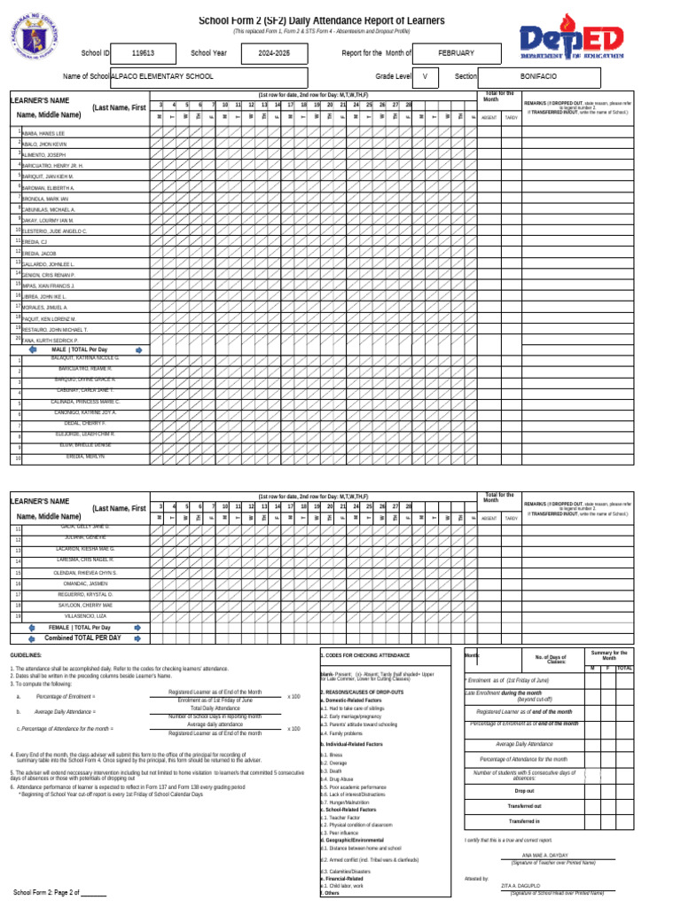 School Form 2 (SF2) GRADE V Bonifacio | PDF | Human Development ...