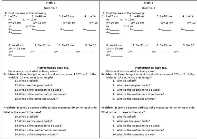 Activity On Area Of Square And Rectangle Pdf Mathematics