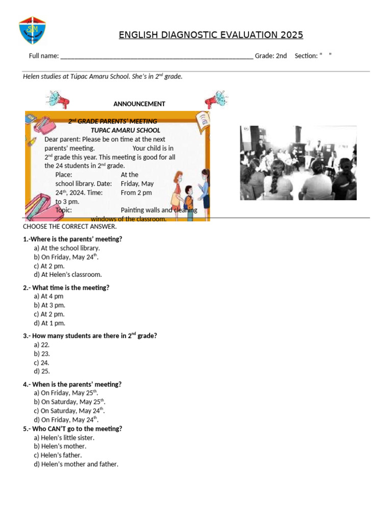 English Diagnostic Evaluation 2nd Grade | PDF