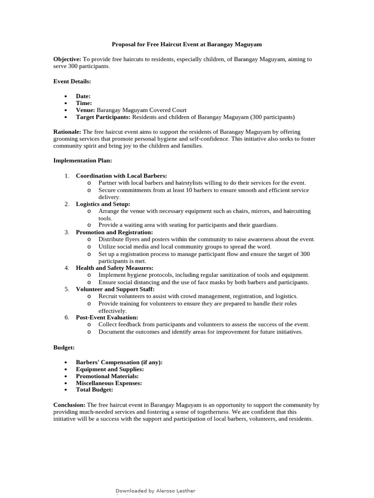Free Haircut Event Proposal in Maguyam | PDF | Logistics