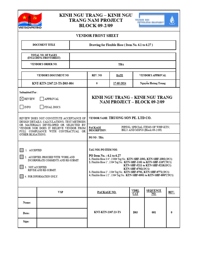KNT-KTN-2367.23-TS-D03-004 - 0 - Drawing For Flexible Hose | PDF | Hose | Stainless Steel