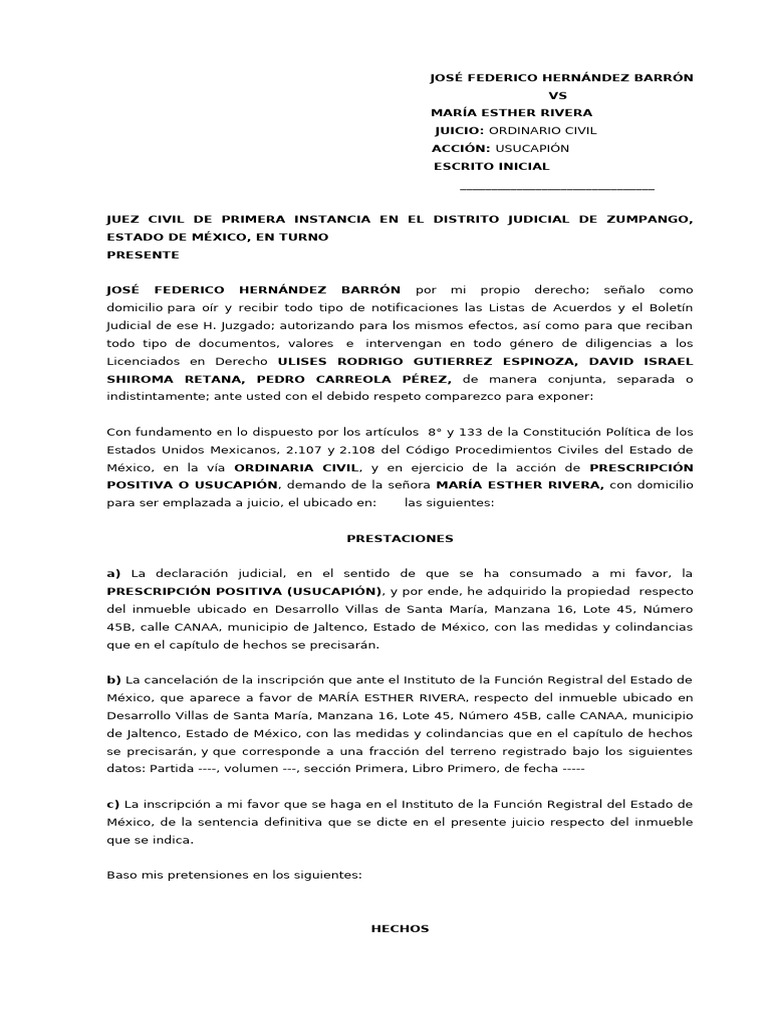 Demanda Usucapion | PDF | Posesión adversa | México