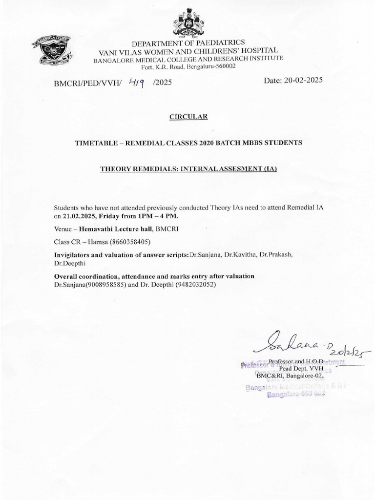 Circular - Timetable Remedial Classes 2020batch MBBS Students 20.02. ...