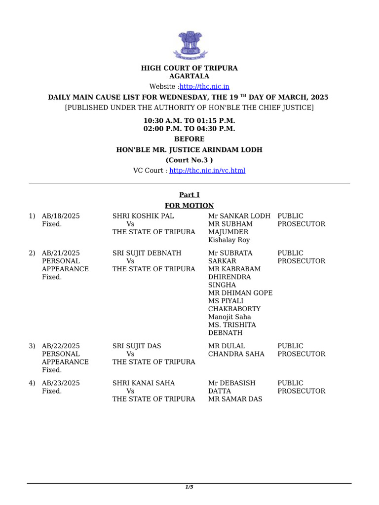 Tripura High Court Daily Cause List | PDF