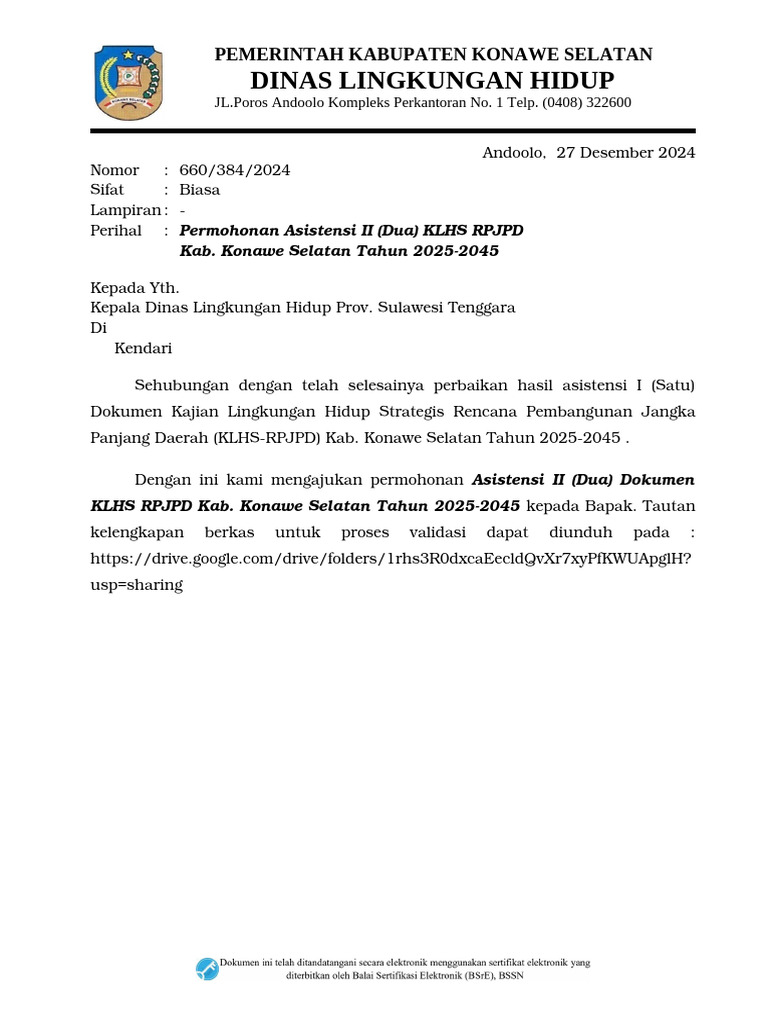Permohonan Asistensi 2 KLHS RPJPD Konsel | PDF