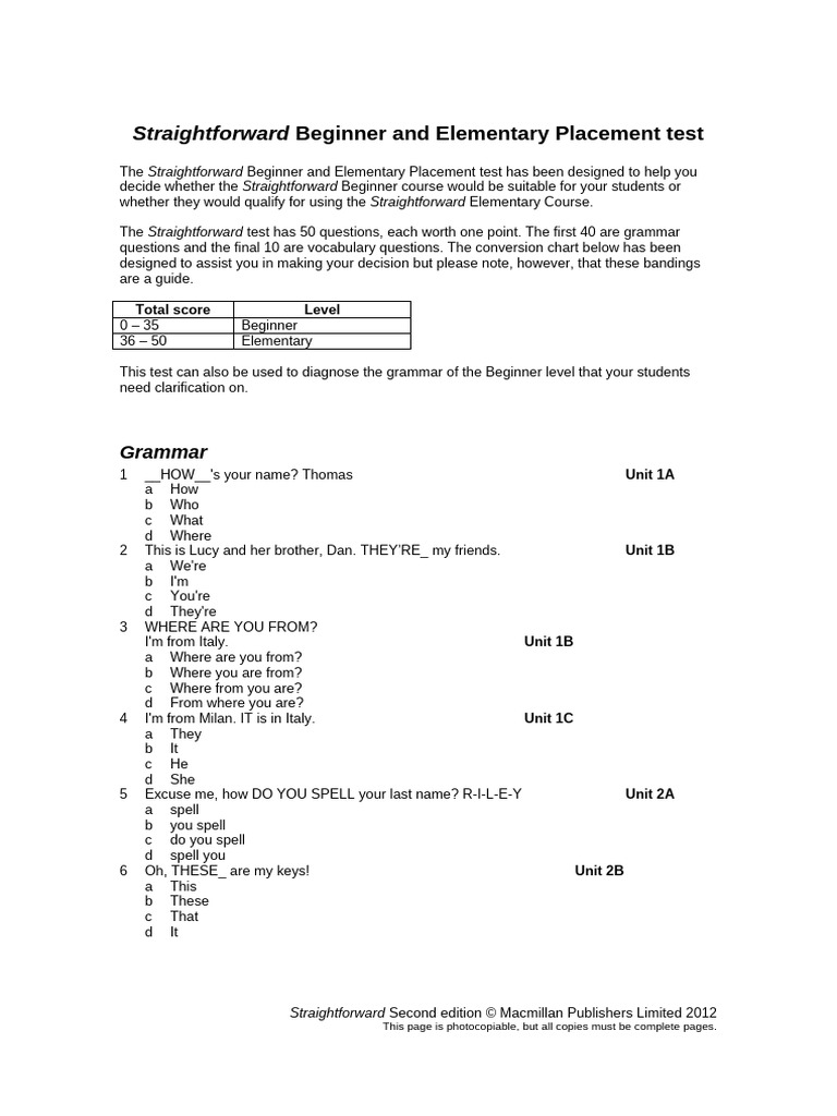 Beginner Elementary Placement Test | PDF