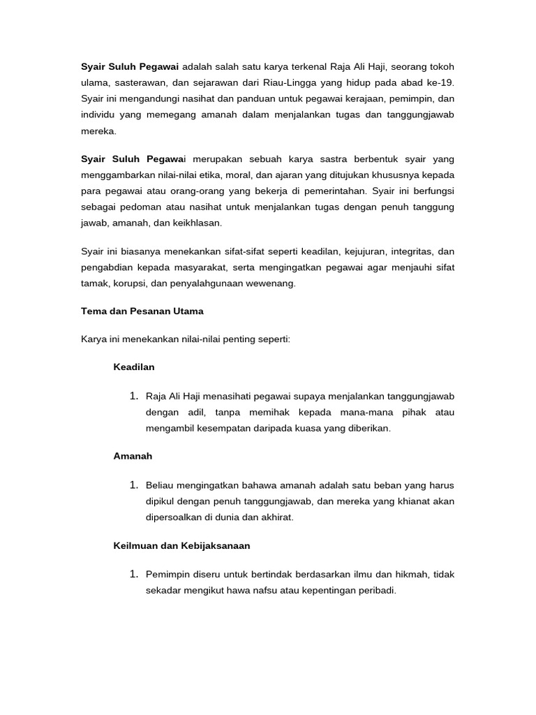 Syair Suluh Pegawai Adalah Salah Satu Karya Terken | PDF