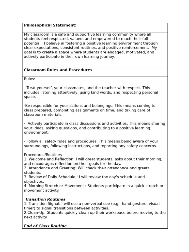 Classroom Management Philosophy and Rules | PDF | Learning | Classroom ...