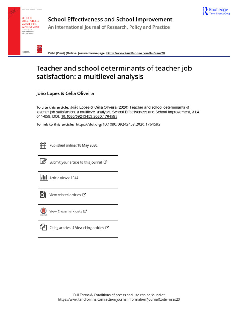 Teacher and School Determinants of Teacher Job Satisfaction A Multilevel Analysis | PDF | Job ...