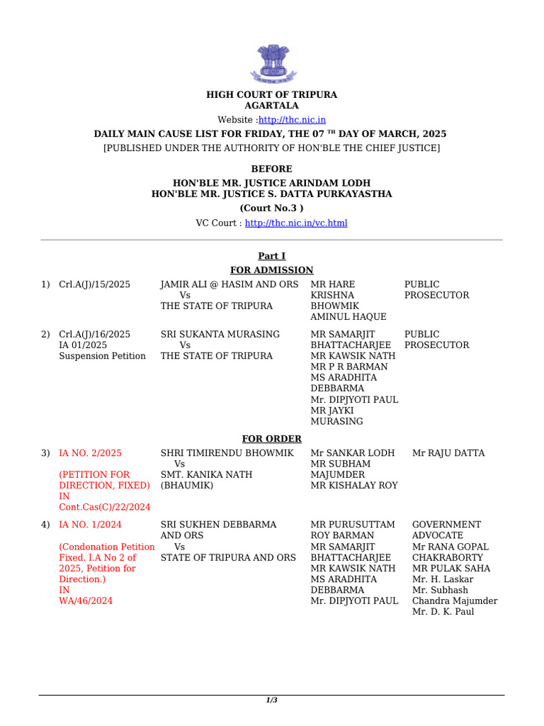 High Court of Tripura Cause List 03/07/2025 | PDF
