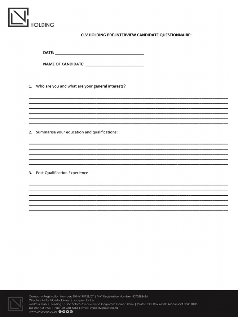 20_02_2025_CLV HOLDING_PRE-INTERVIEW QUESTIONNAIRE | PDF