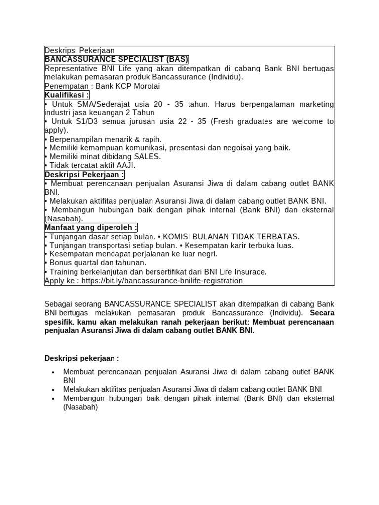 Deskripsi Pekerjaan Bancassurance Specialist | PDF