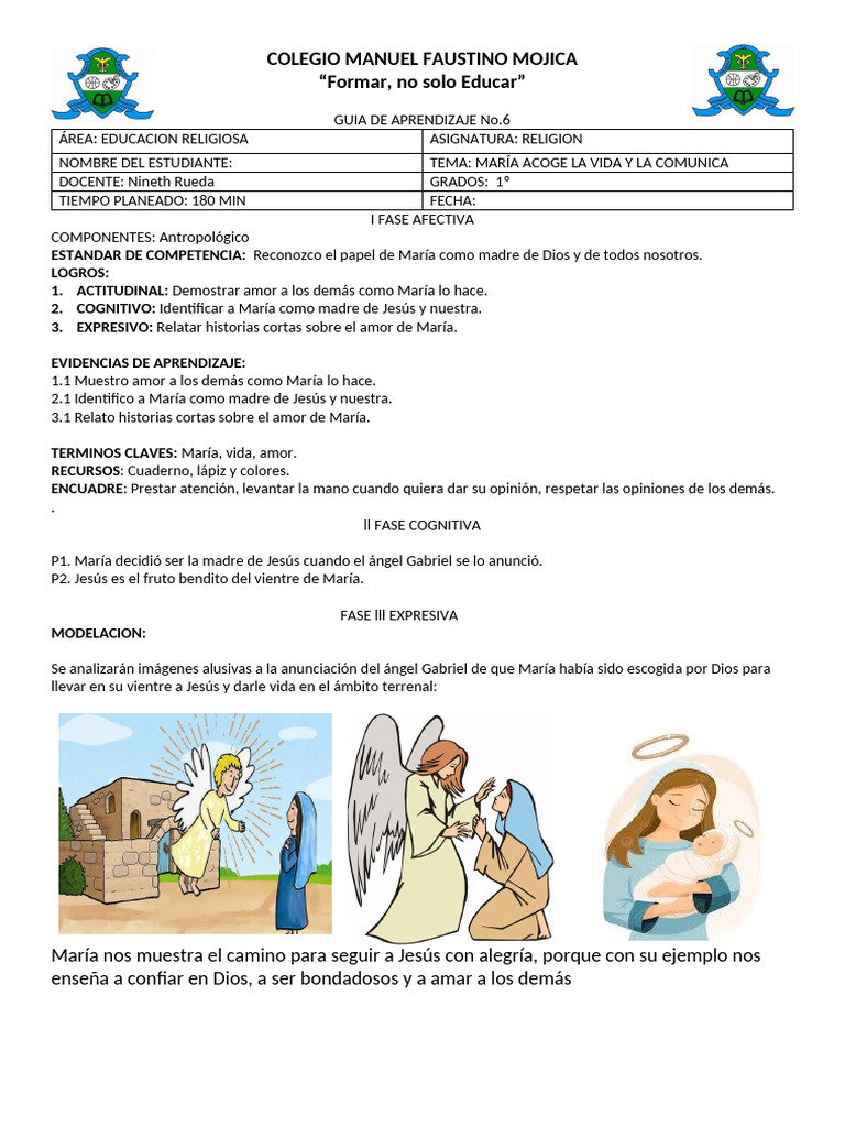 Grado 1º - GUIA 6 - MARÍA ACOGE LA VIDA Y LA COMUNICA | PDF | María ...