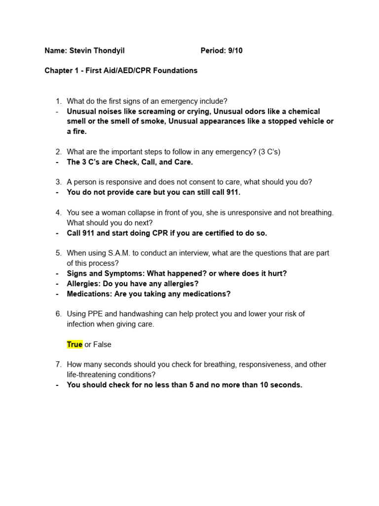 Stevin Thondyil - Chapter 1 First Aid Worksheet | PDF