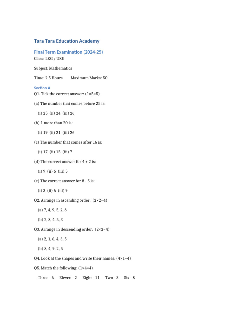 Final - Term - Math - Exam - LKG - UKG (1 | PDF