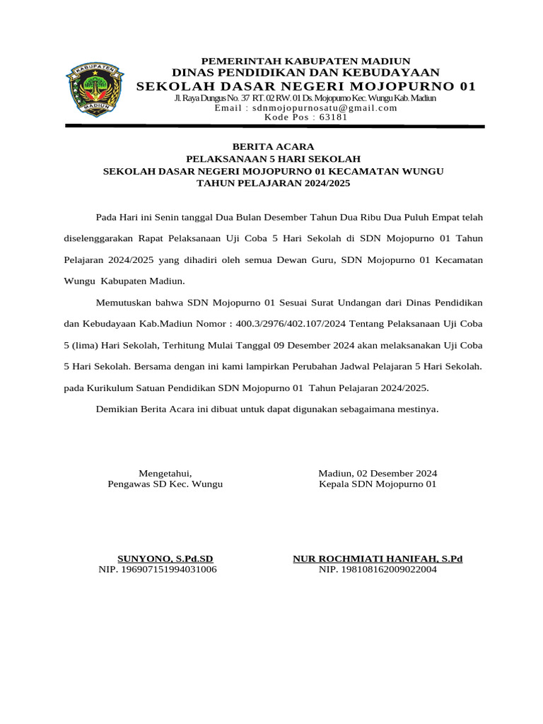 Berita Acara Perubahan Jadwal Pelajaran & Pelaksanaan 5 Hari - MJP 1 | PDF