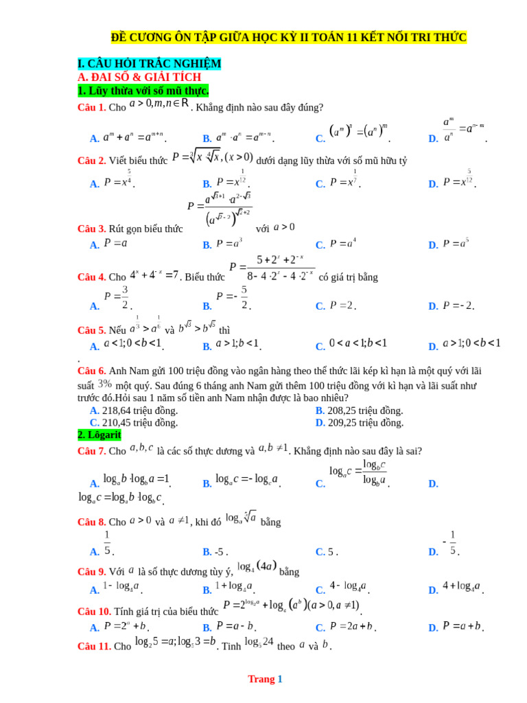 De Cuong On Tap Giua HK2 Toan 11 Ket Noi Tri Thuc | PDF