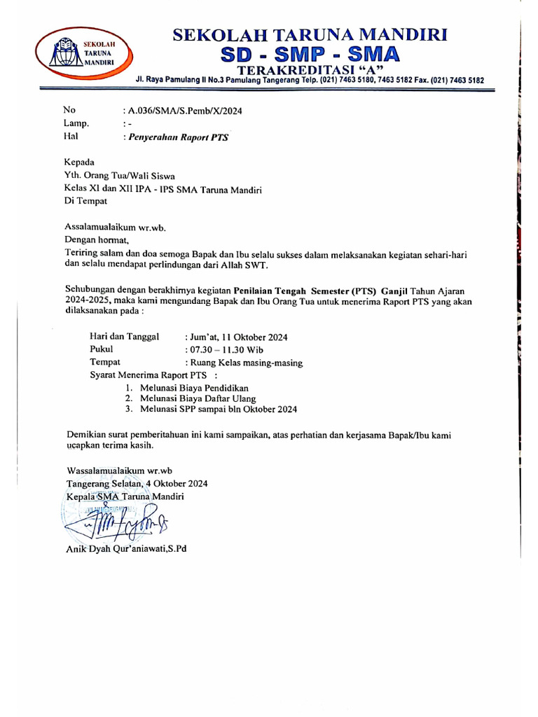Surat Pemb. Raport PTS Kls XI Dan XII | PDF