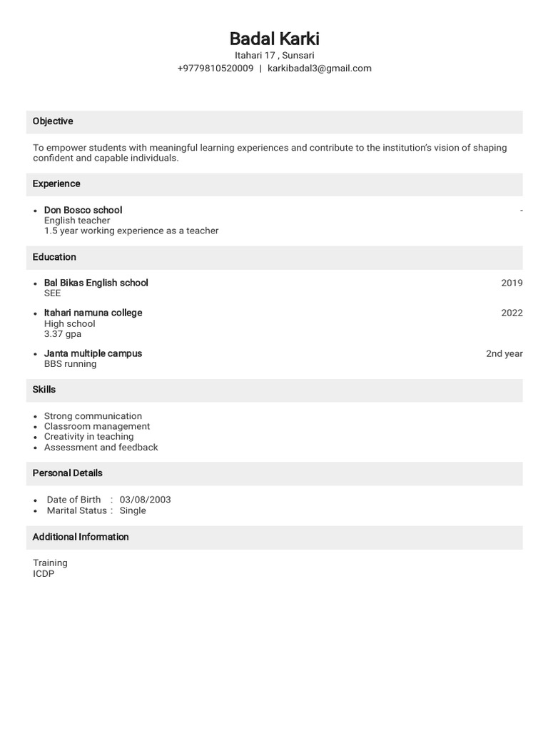 English Teacher Resume - Badal Karki | PDF
