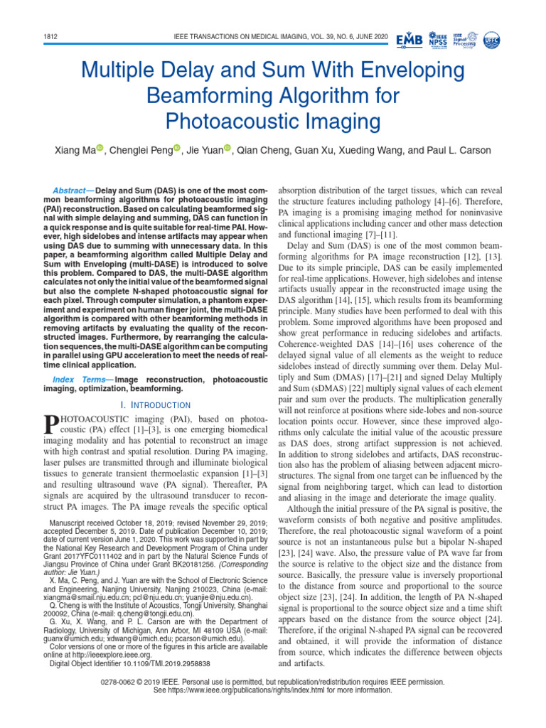 Multiple Delay and Sum With Enveloping Beamforming Algorithm For Photoacoustic Imaging | PDF ...