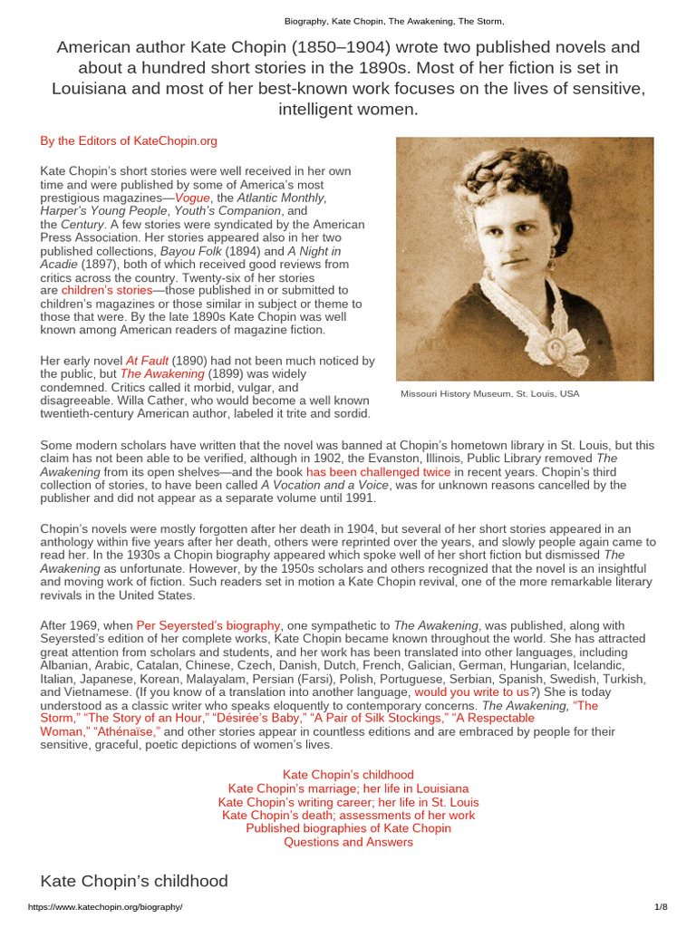 Biography, Kate Chopin, The Awakening, The Storm, Stories | PDF | The ...