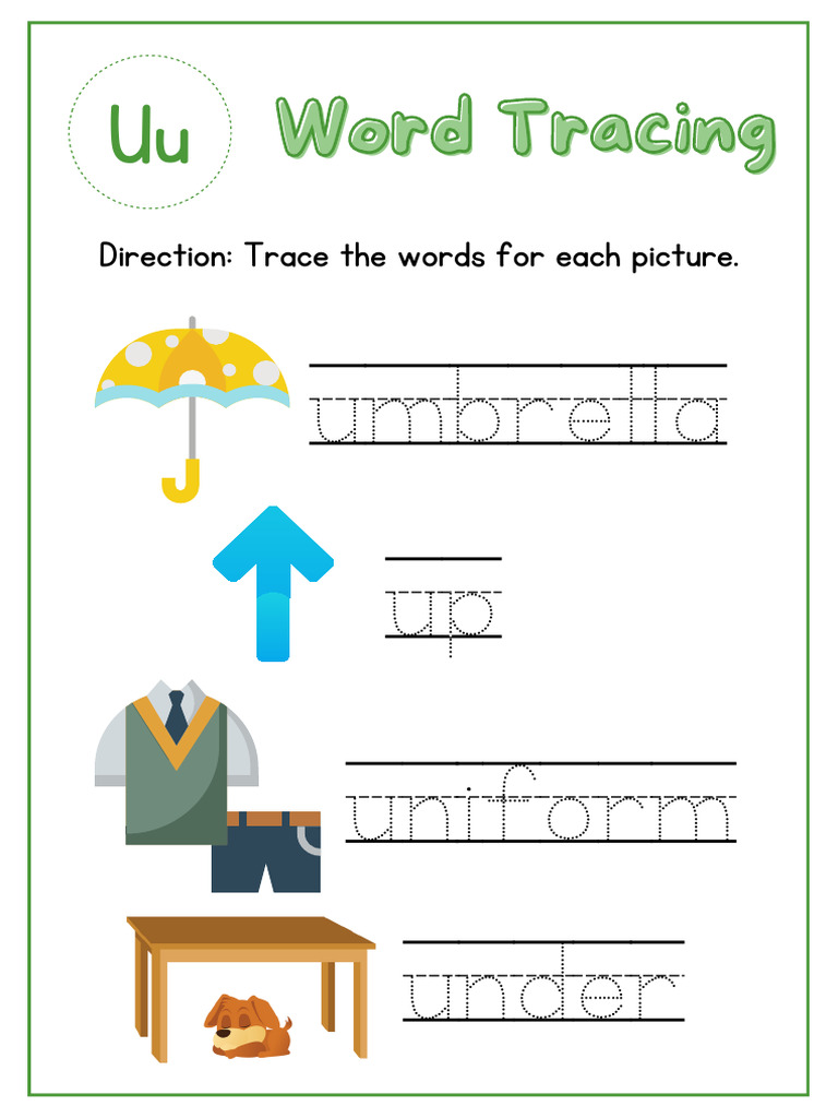 Colorful Illustrative U To Z Word Tracing Worksheet | PDF