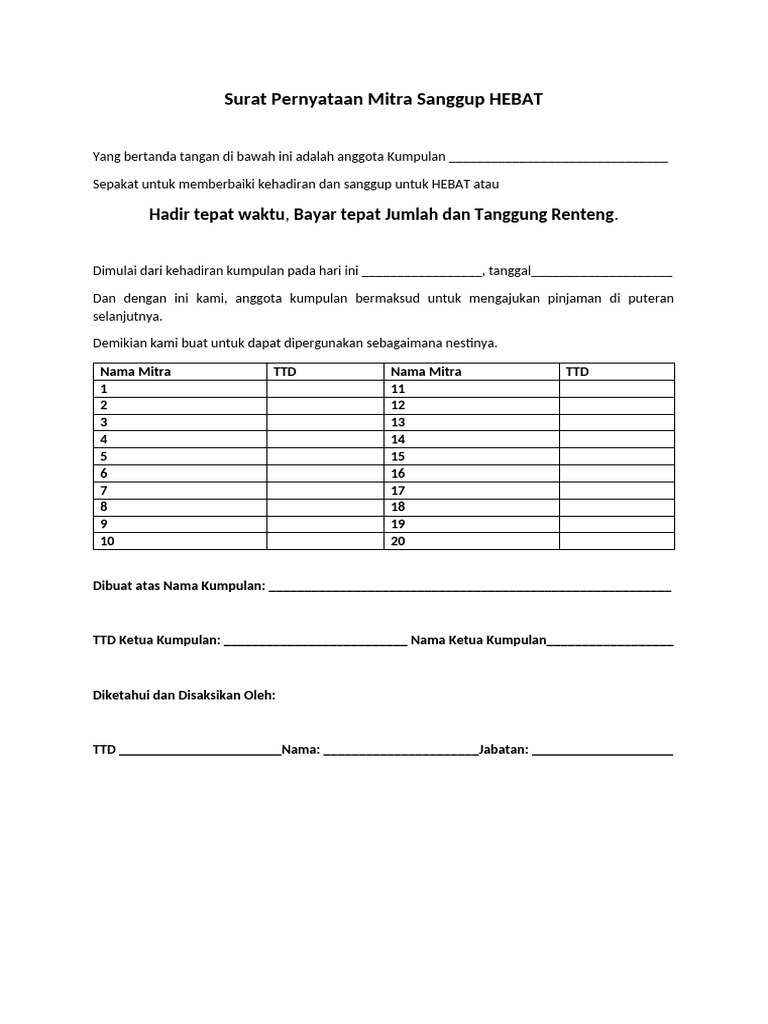 Surat Pernyataan Mitra Sanggup HEBAT | PDF