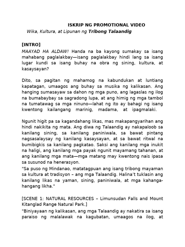 Iskrip-ng-Promotional Video (Talaandig Group) | PDF