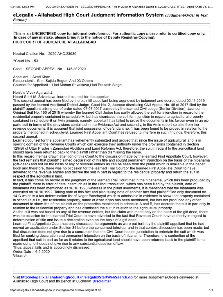 CASE TITLE - Azad Khan vs. Smt. Sajida Begum and 03 Others | PDF ...