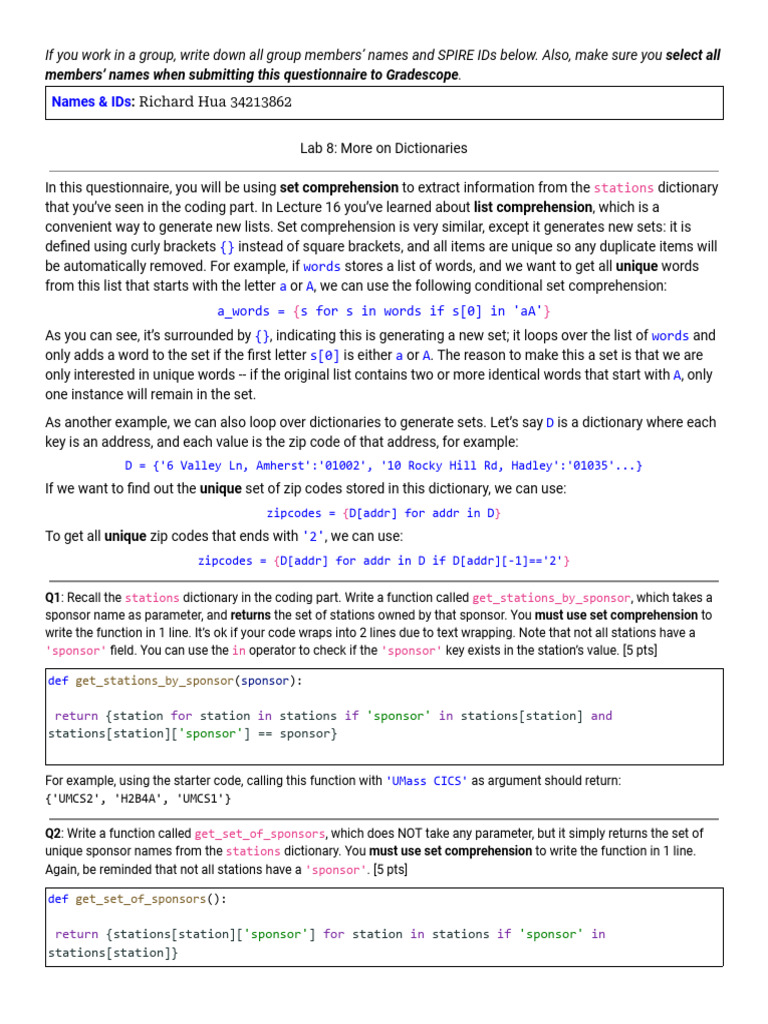 Lab08 - More Dictionaries (Questionnaire) | PDF | Computer Programming | Software Engineering