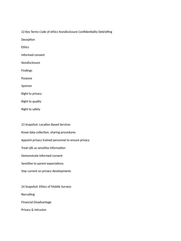 22 Key Terms Code of Ethics Nondisclosure Confidentiality Debriefing | PDF