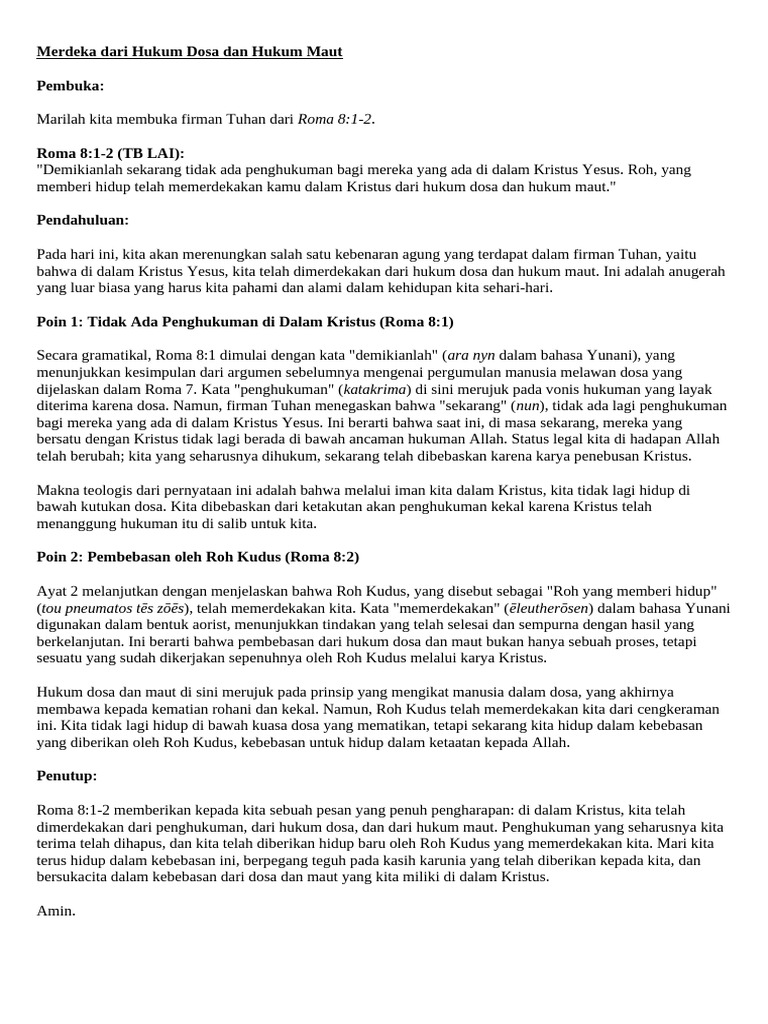 Merdeka Dari Hukum Dosa Dan Hukum Maut | PDF