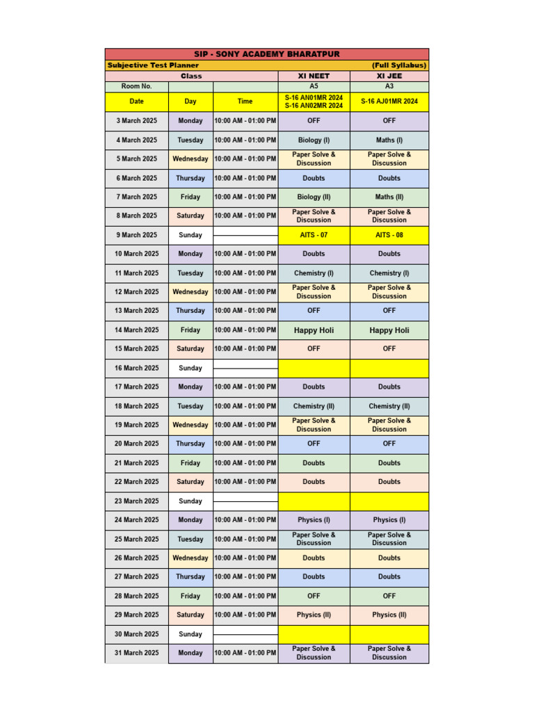 Subjective Test Planner - SIP Sony Academy Bharatpur | PDF