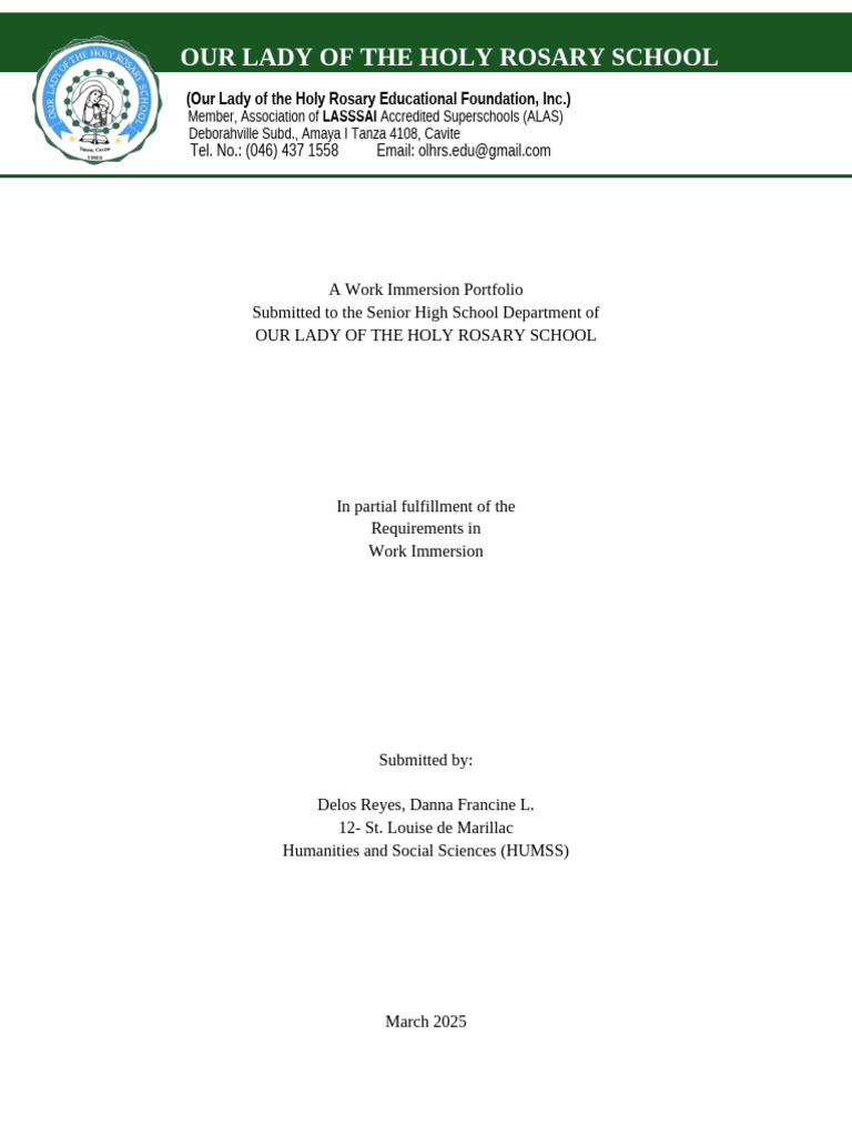 Work Immersion Portfolio Overview | PDF