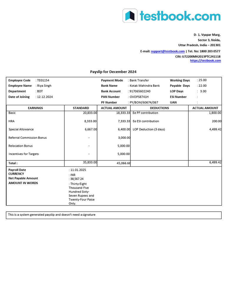 Salary Slip Riya | PDF | Paycheck | Factor Income Distribution