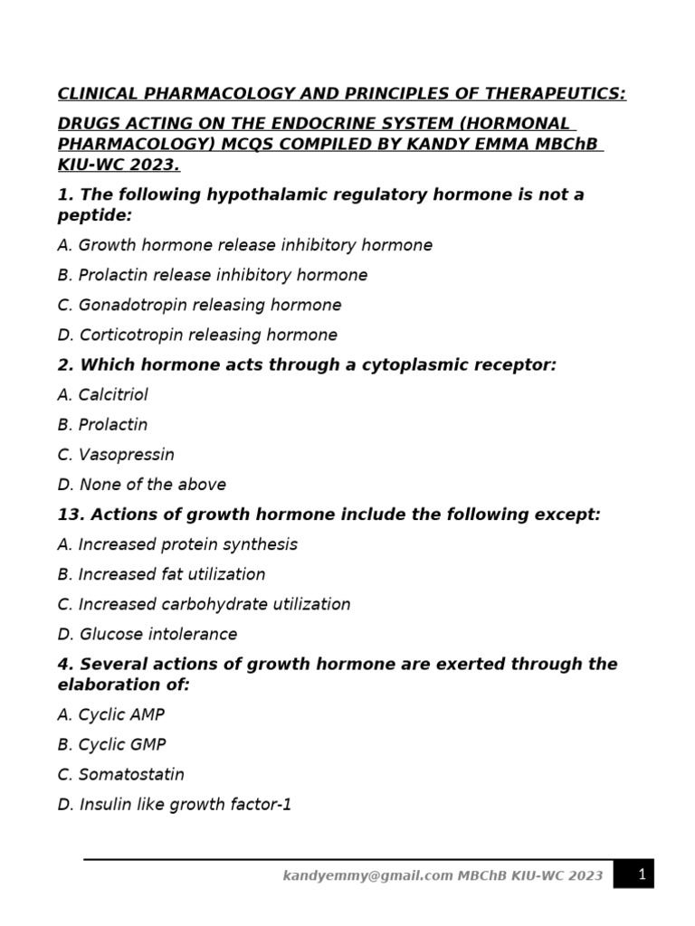 Endocrine Pharm MCQS @ KANDY EMMA 2023 | PDF | Combined Oral ...