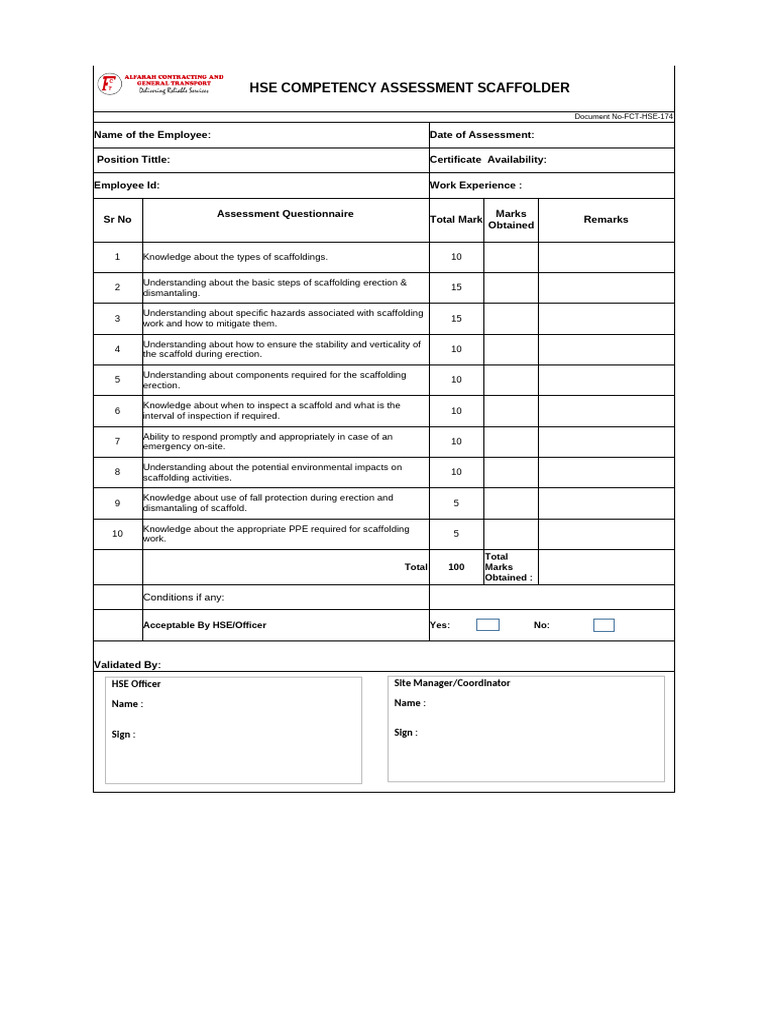174 FCT-HSE-174 Scaffolder Competency Assessment | PDF | Safety