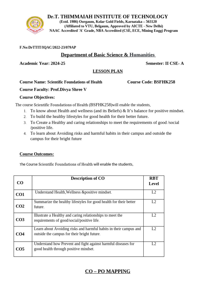updated LESSON PLAN 2024-25 SFH 2nd CSE-A | PDF | Health Care | Mental ...