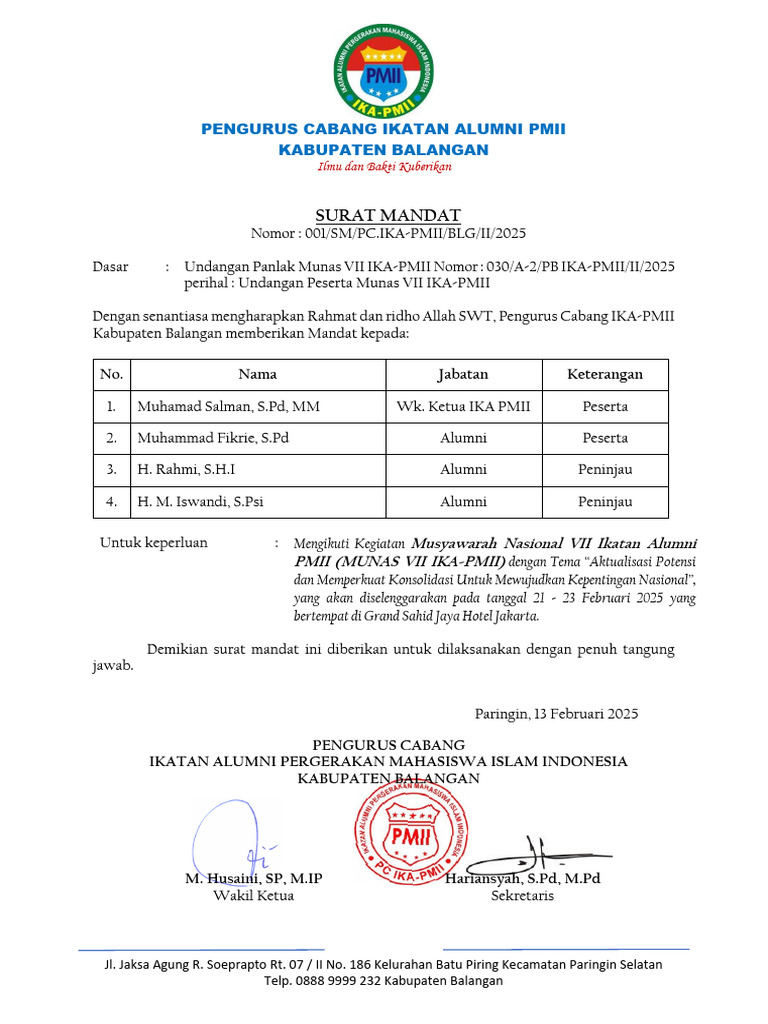 Surat Mandat IKA-PMII Balangan. | PDF