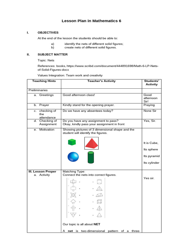 Lesson Plan in Mathematics 6 | PDF | Shape | Polytopes