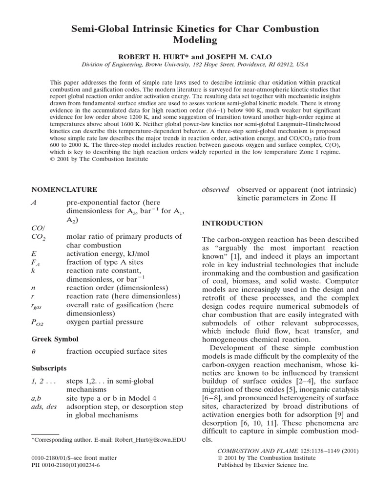 EPB - Semi Global Intrinsic Kinetics For Char Combustion - Modeling ...