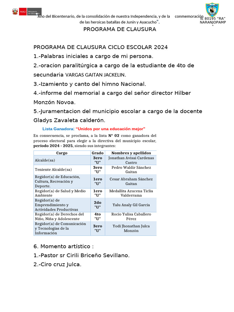 Programa de Clausura | PDF