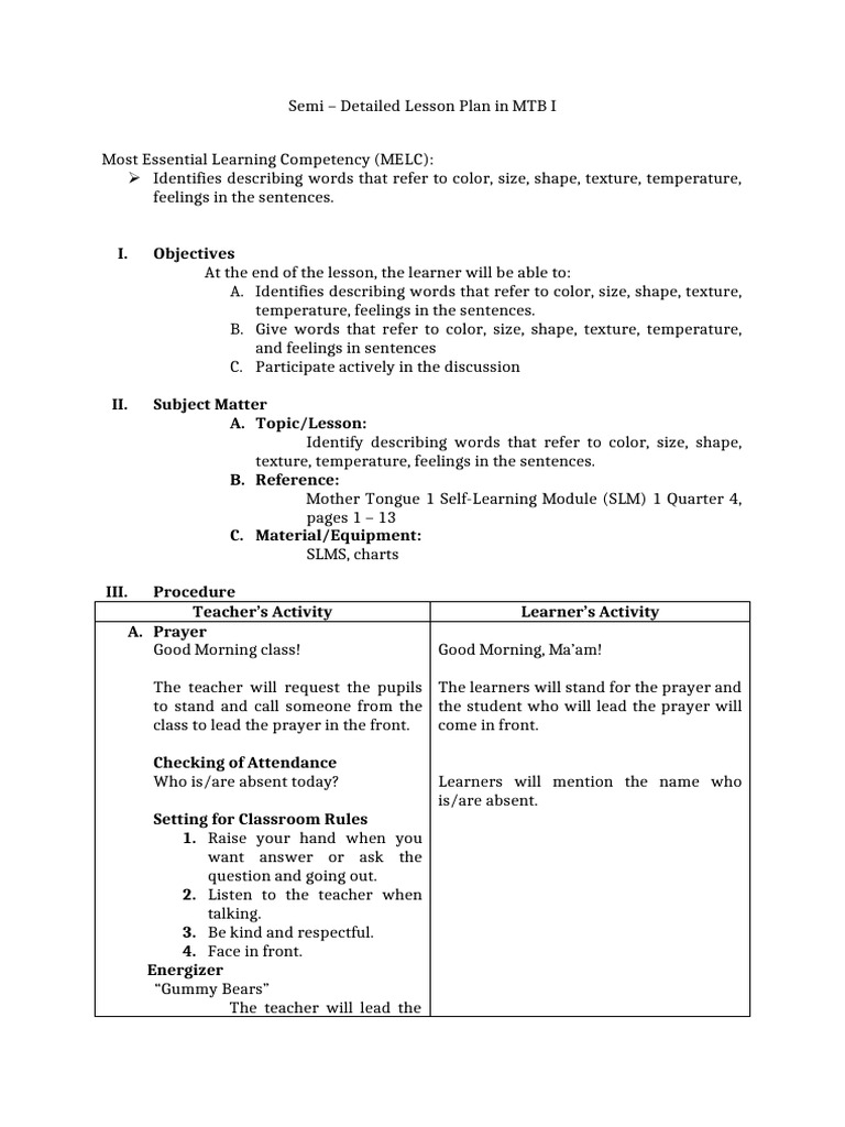 Semi-Detailed Lesson Plan MTB 1 | PDF | Lesson Plan | Teachers