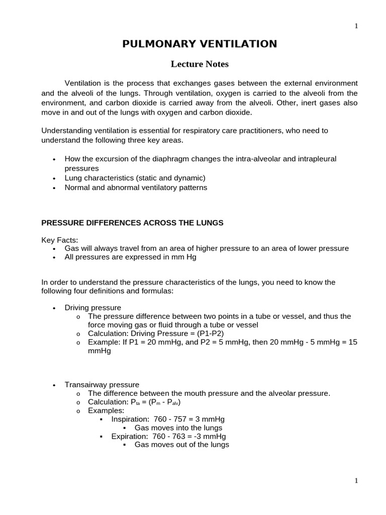 Pulmonary Ventilation Lecture Notes | PDF | Breathing | Lung