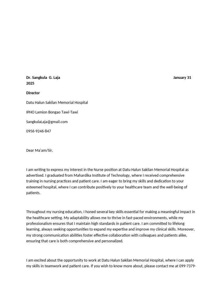 Nurse Application for Datu Halun Hospital | PDF