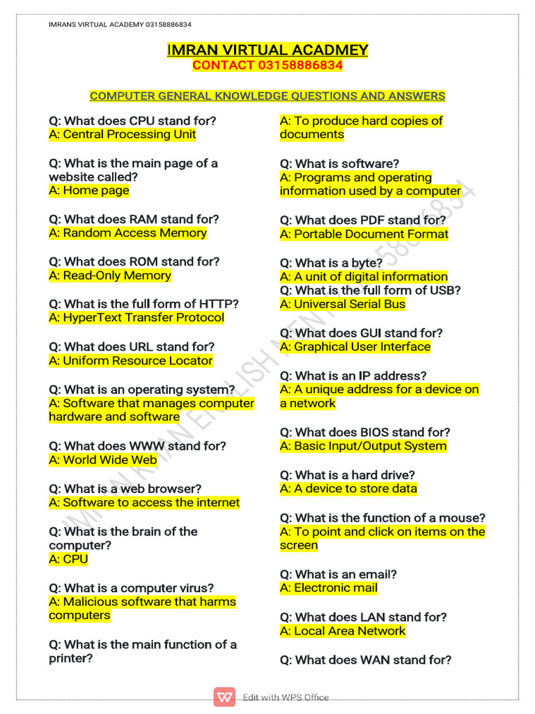 Computer Short Questions Answers by Imran Khan | PDF | Computer Network | World Wide Web