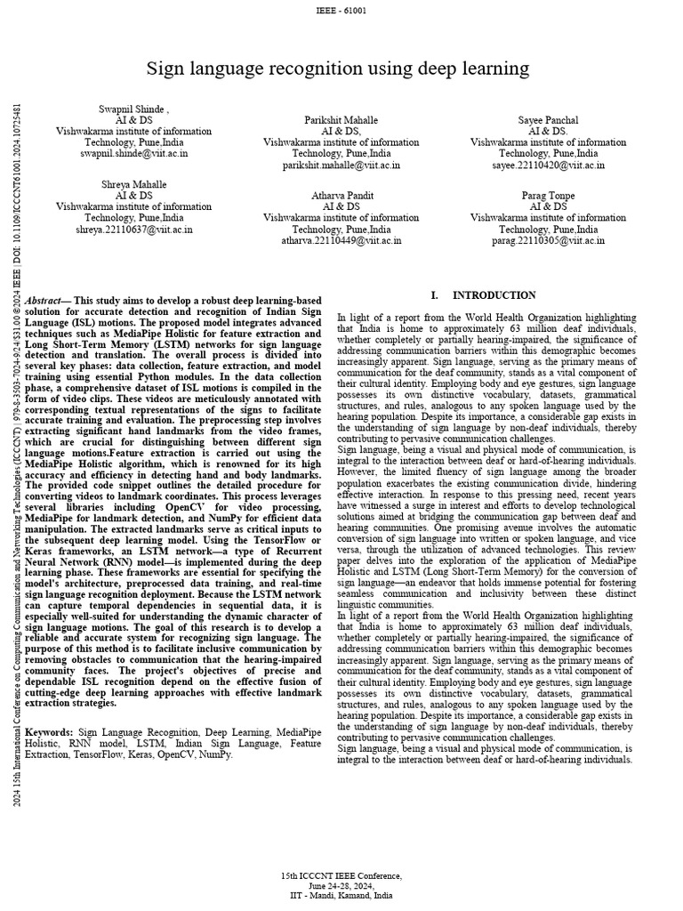 Aml 22 Sign Language Recognition Using Deep Learning | PDF | Deep Learning | Sign Language