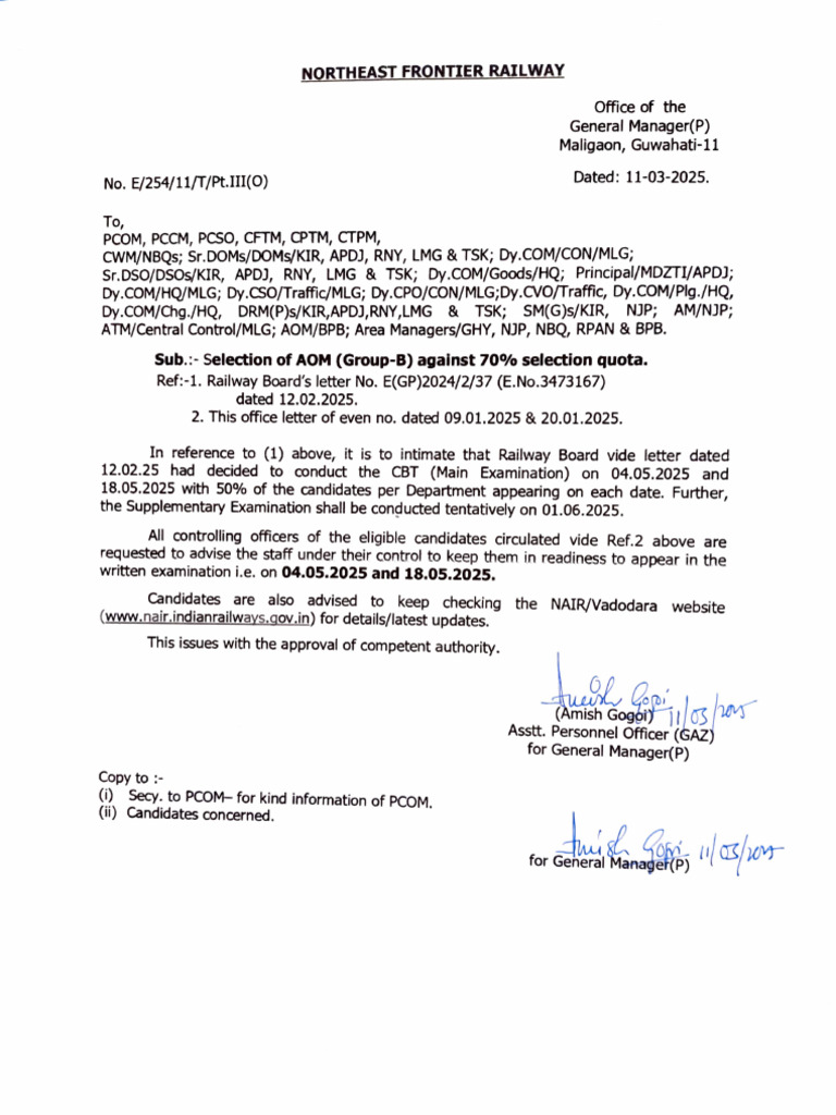 AOM Selection Exam Dates Announced | PDF