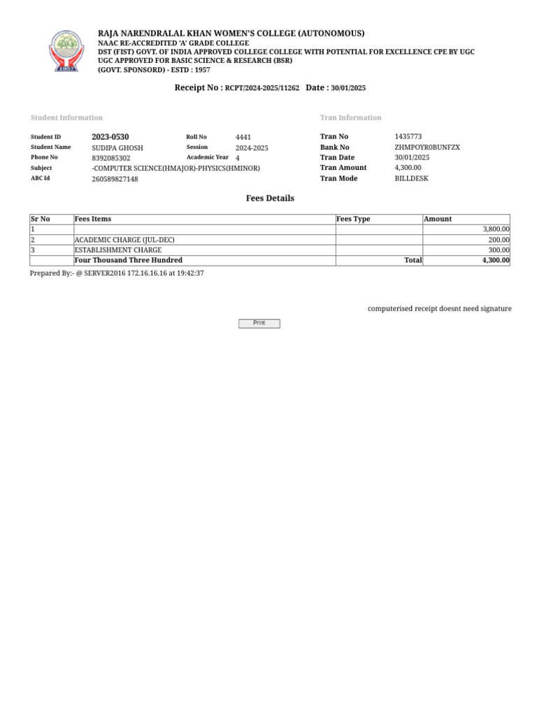 Aimes - Rnlkwc.ac - in Studentportal SP Printreceipt - Aspx | PDF
